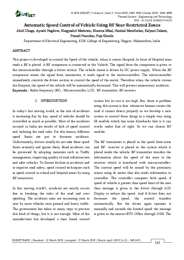 (PDF) Automatic Speed Control of Vehicle Using RF Near Restricted Zones