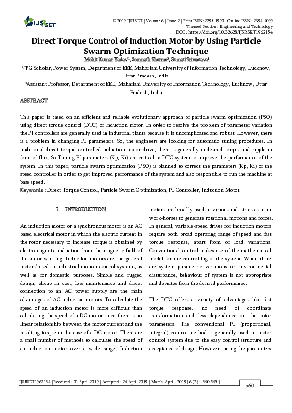 Pdf Direct Torque Control Of Induction Motor By Using Particle Swarm Optimization Technique