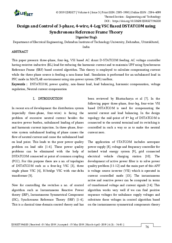 (PDF) Design and Control of 3-phase, 4-wire, 4-Leg VSC Based DSTATCOM using Synchronous ...