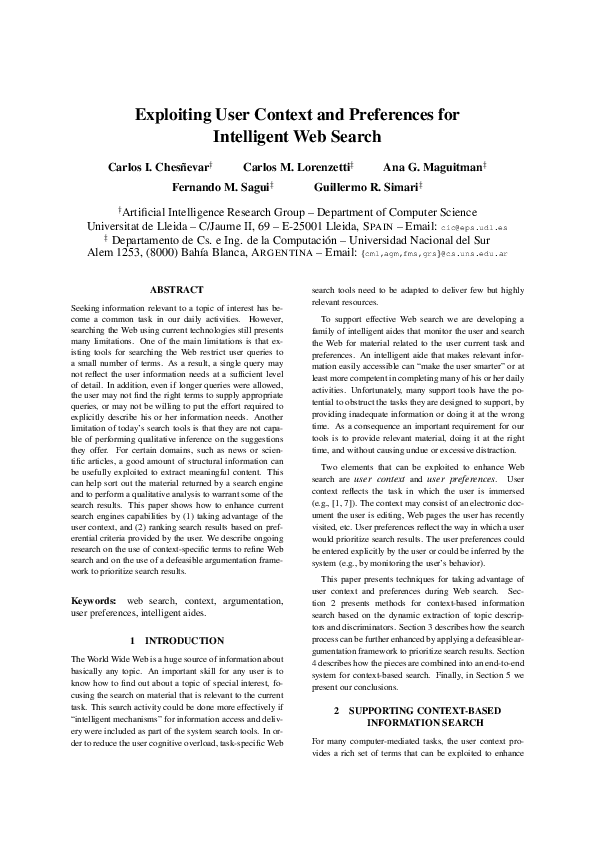 (PDF) Exploiting User Context and Preferences for Intelligent Web Search