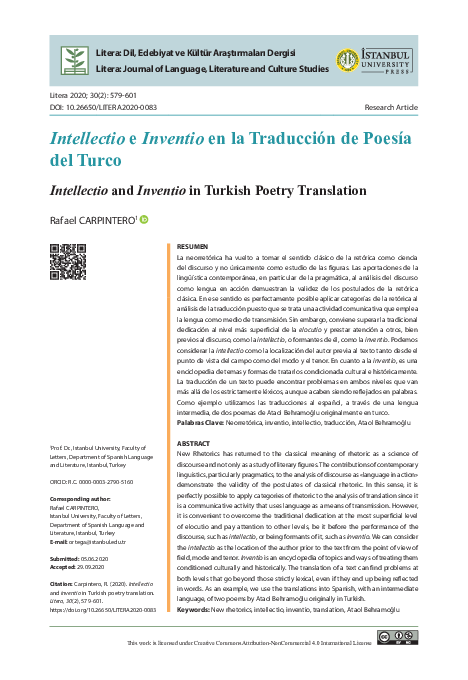 (PDF) Intellectio e Inventio en la traducción de poesía del turco