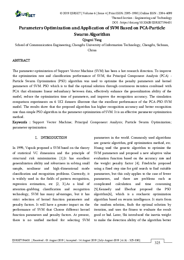 Pdf Parameters Optimization And Application Of Svm Based On Pca Particle Swarm Algorithm