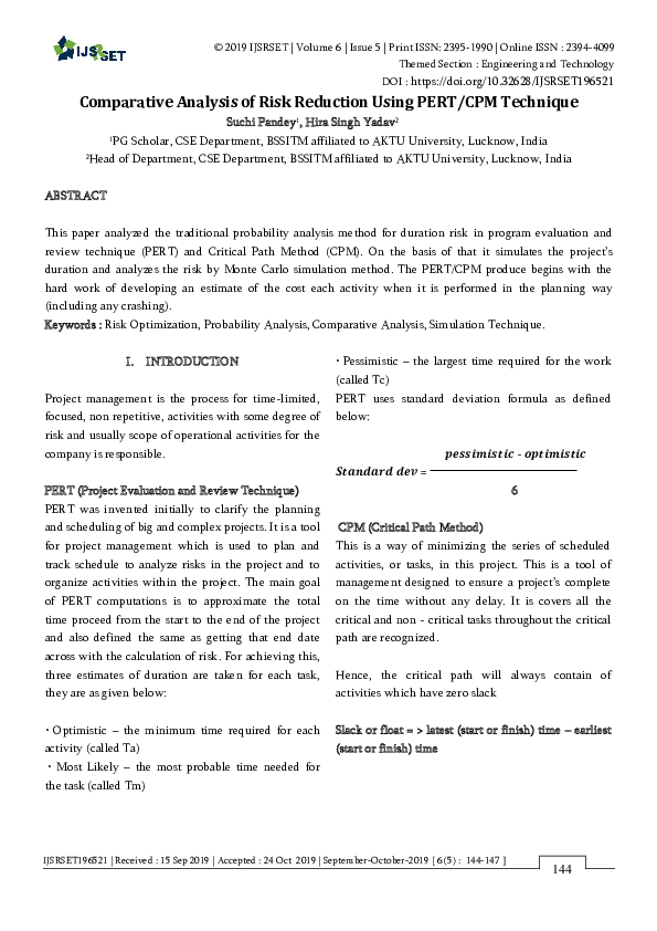 (PDF) Comparative Analysis of Risk Reduction Using PERT/CPM Techniques