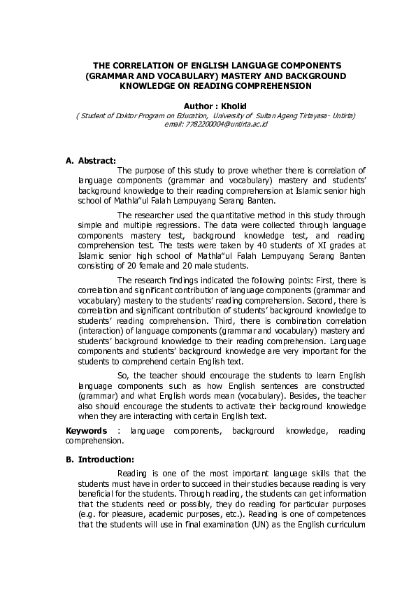 (PDF) THE CORRELATION OF ENGLISH LANGUAGE COMPONENTS (GRAMMAR AND VOCABULARY) MASTERY AND ...