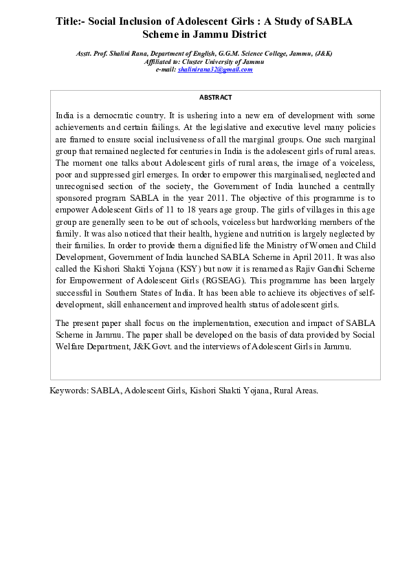 (DOC) Social Inclusion of Adolescent Girls: A Study of SABLA Scheme in ...