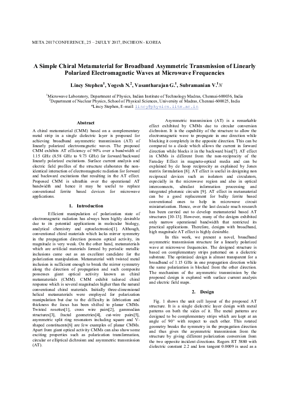 (PDF) A Simple Chiral Metamaterial for Broadband Asymmetric Transmission of Linearly Polarized ...