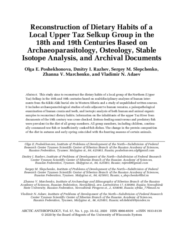 (PDF) Reconstruction of Dietary Habits of a Local Upper Taz Selkup ...
