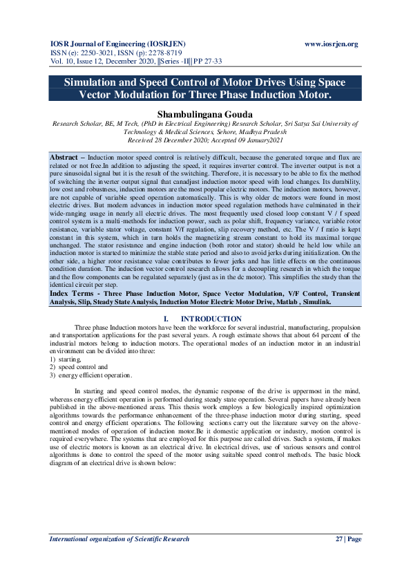 Pdf Simulation And Speed Control Of Motor Drives Using Space Vector Modulation For Three Phase