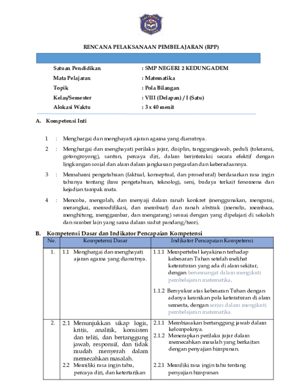(DOC) RENCANA PELAKSANAAN PEMBELAJARAN (RPP) Satuan Pendidikan : SMP ...