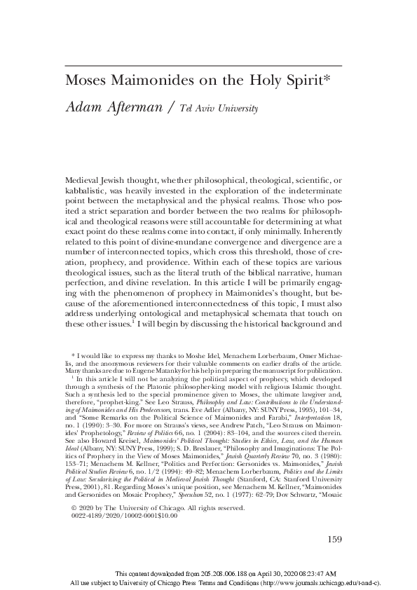 (PDF) Adam Afterman, 'Moses Maimonides on the Holy Spirit', The Journal ...