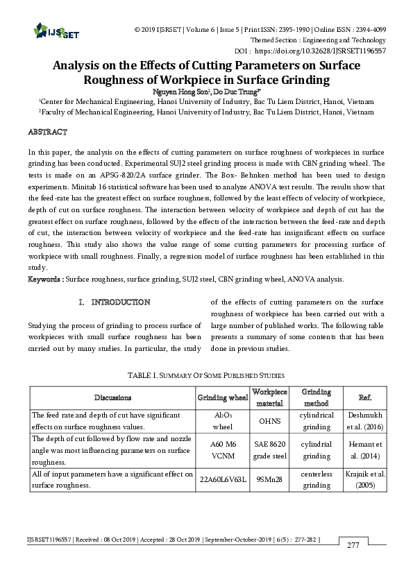 Pdf Analysis On The Effects Of Cutting Parameters On Surface Roughness Of Workpiece In Surface