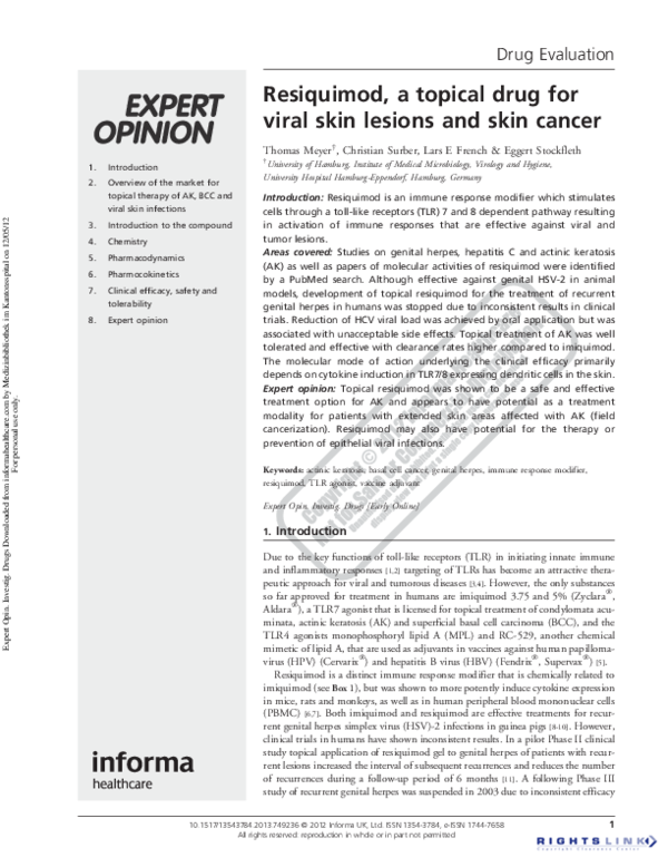 (PDF) Resiquimod, a topical drug for viral skin lesions and skin cancer