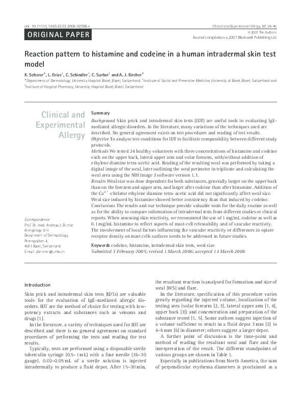 (PDF) Reaction pattern to histamine and codeine in a human intradermal ...