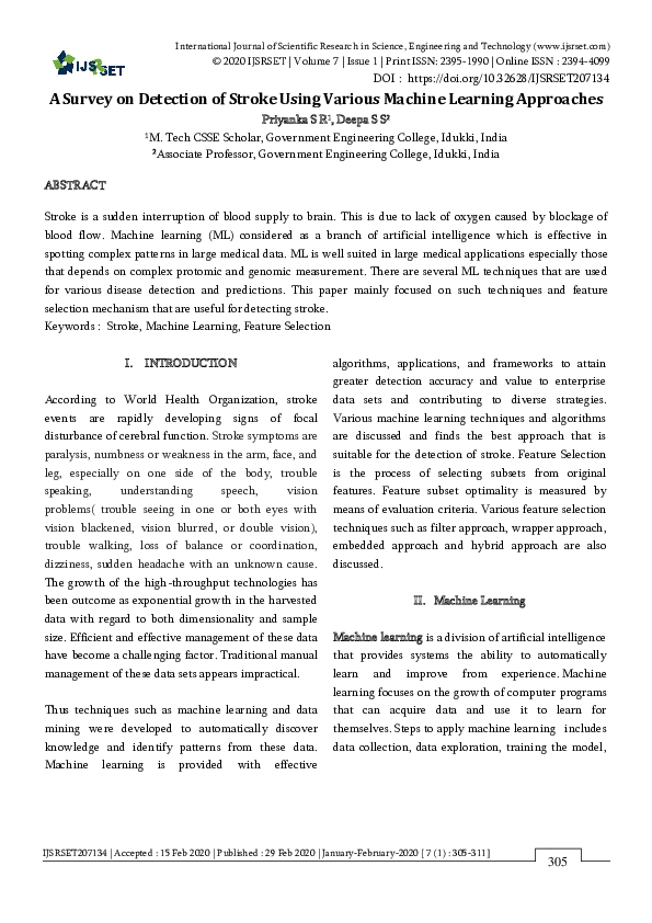 Pdf A Survey On Detection Of Stroke Using Various Machine Learning