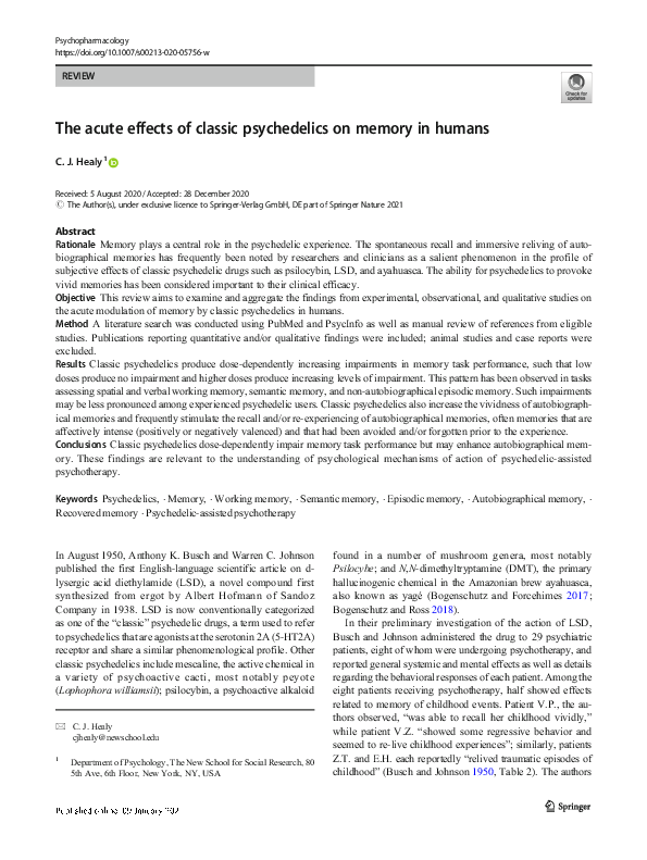(PDF) The acute effects of classic psychedelics on memory in humans