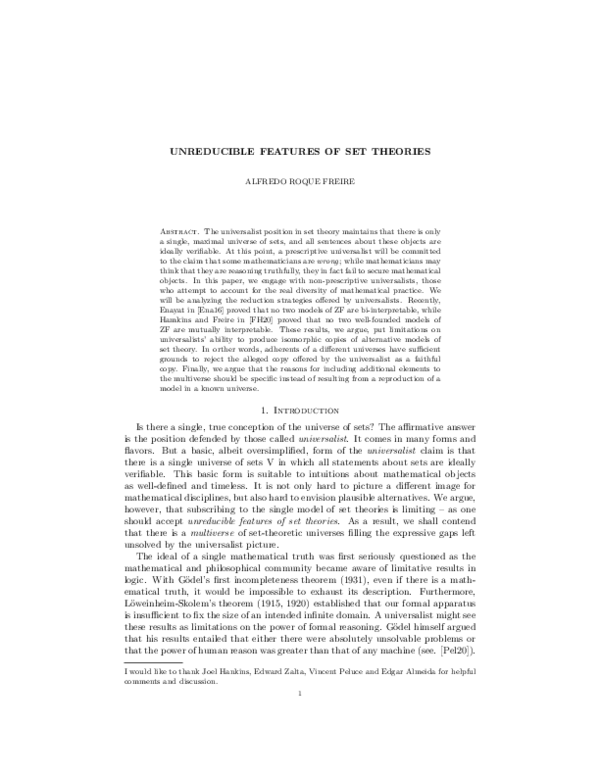(PDF) UNREDUCIBLE FEATURES OF SET THEORIES