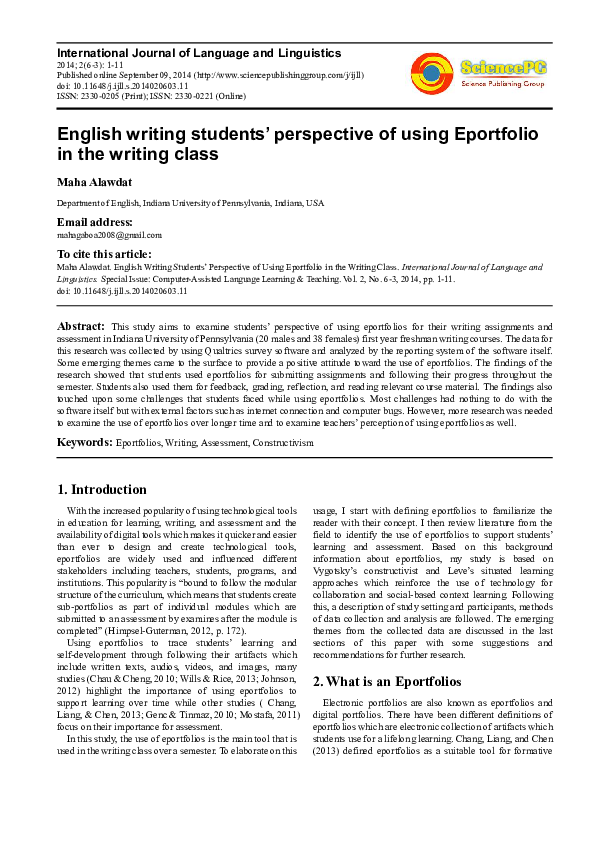 (PDF) English Writing Students’ Perspective of Using Eportfolio in the ...