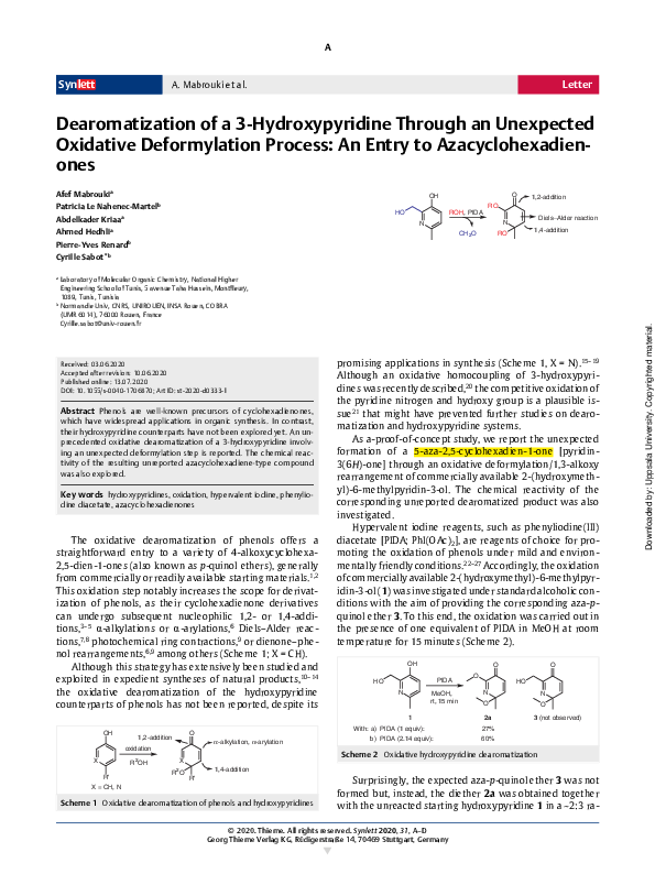 (PDF) Letter Syn lett Dearomatization of a 3-Hydroxypyridine Through an ...