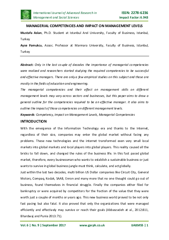 (PDF) MANAGERIAL COMPETENCIES AND IMPACT ON MANAGEMENT LEVELS