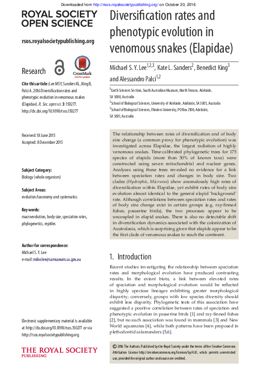 (PDF) Diversification rates and phenotypic evolution in venomous snakes ...