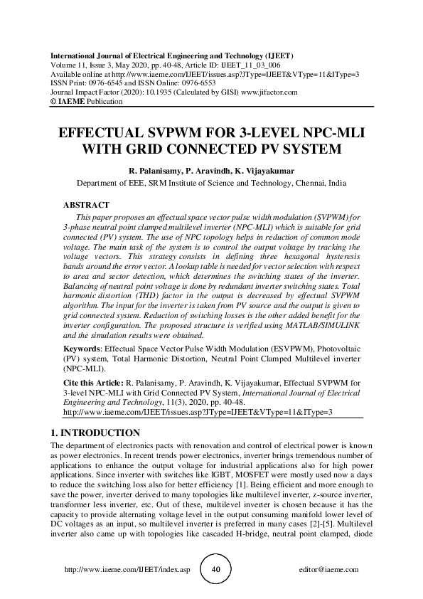 (PDF) Effectual SVPWM for 3-level NPC-MLI with Grid Connected PV System