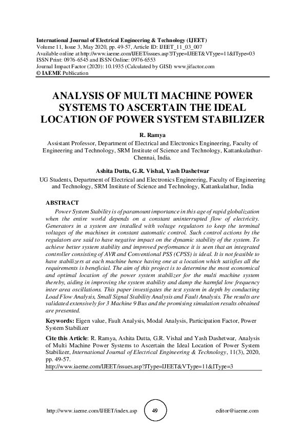 (PDF) Analysis of Multi Machine Power Systems to Ascertain the Ideal Location of Power System ...