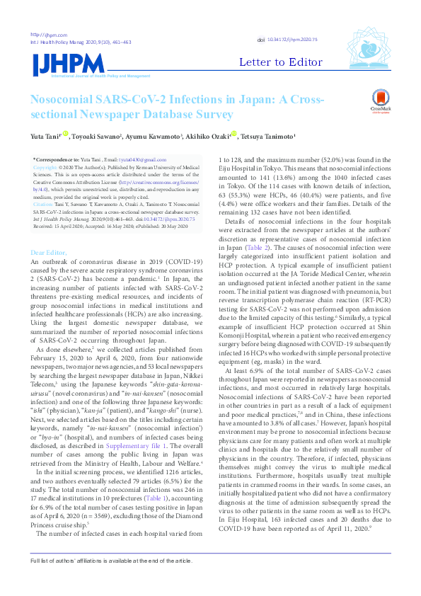 (PDF) Nosocomial SARS-CoV-2 Infections in Japan: A Cross-sectional ...