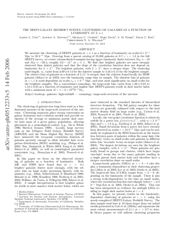 (PDF) The DEEP2 Galaxy Redshift Survey: Clustering of Galaxies as a ...