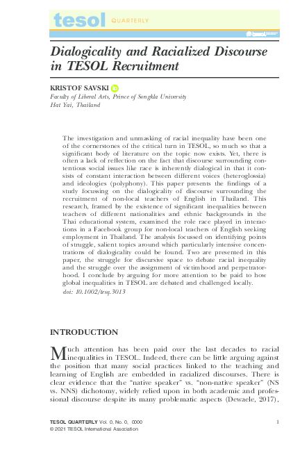 (PDF) Dialogicality and Racialized Discourse in TESOL Recruitment