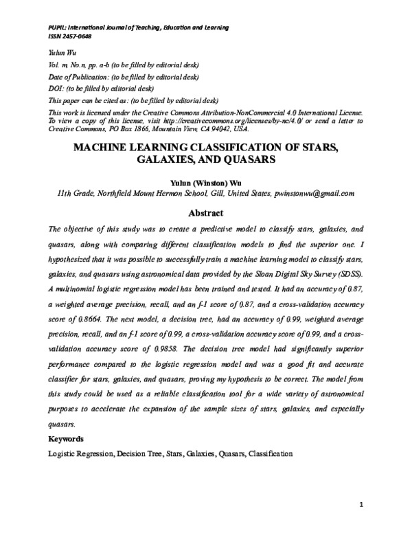 (PDF) MACHINE LEARNING CLASSIFICATION OF STARS, GALAXIES, AND QUASARS