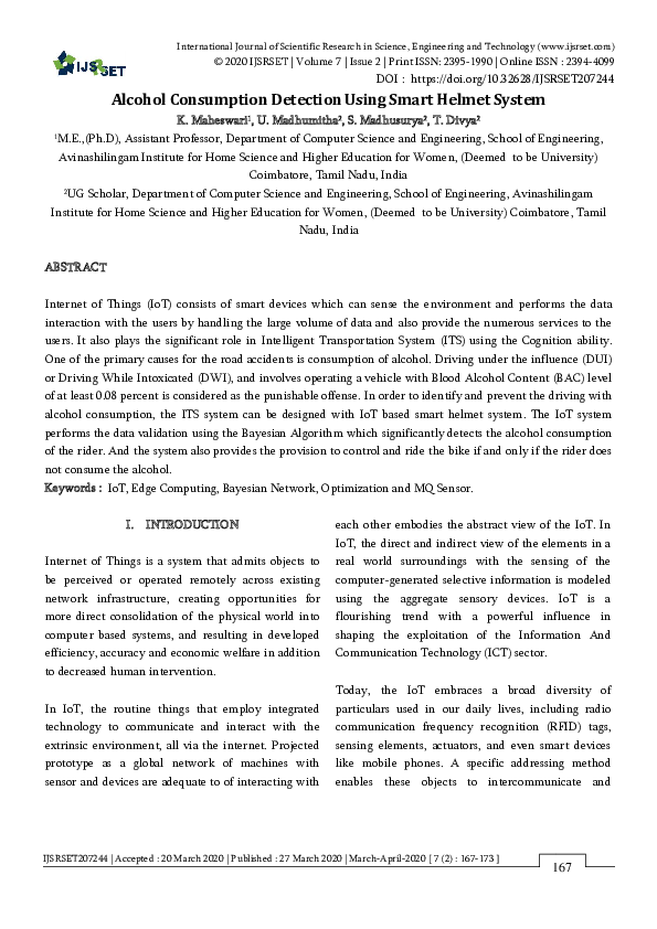 Pdf Alcohol Consumption Detection Using Smart Helmet System