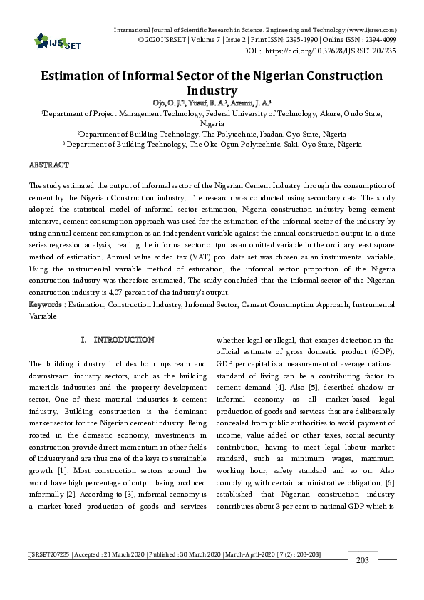 (PDF) Estimation of Informal Sector of the Nigerian Construction Industry