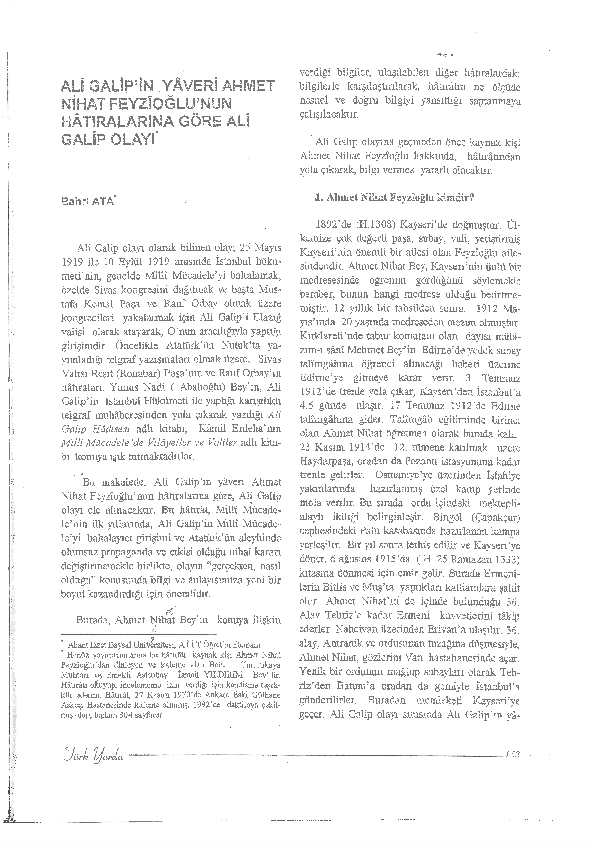 (PDF) ALİ GALİP'İN YAVERİ AHMET NİHAT FEYZİOĞLU'NUN HATIRALARINA GÖRE ...