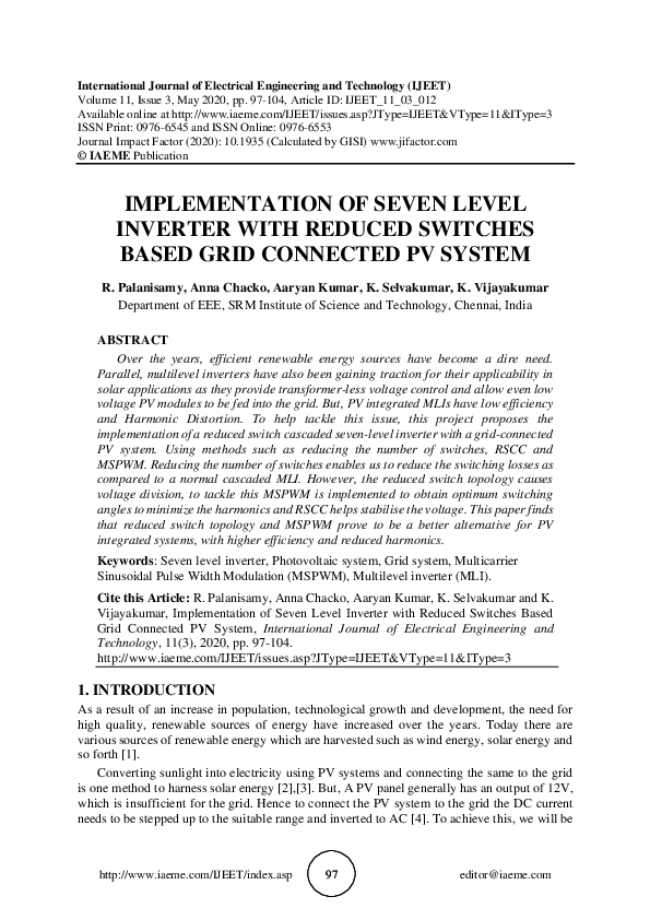 Pdf Implementation Of Seven Level Inverter With Reduced Switches Based Grid Connected Pv System