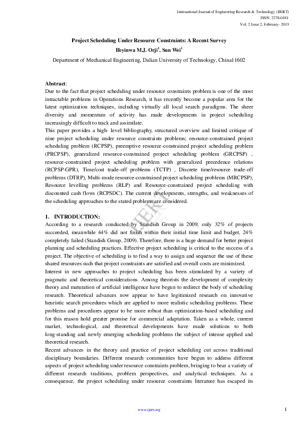 (PDF) IJERT-Project Scheduling Under Resource Constraints: A Recent Survey | IJERT Journal ...