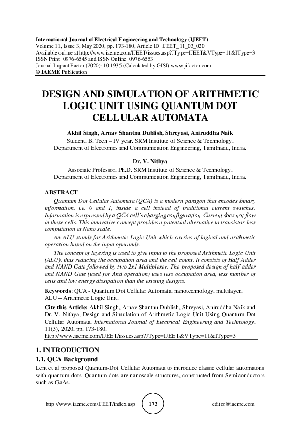 (PDF) Design and Simulation of Arithmetic Logic Unit Using Quantum Dot ...