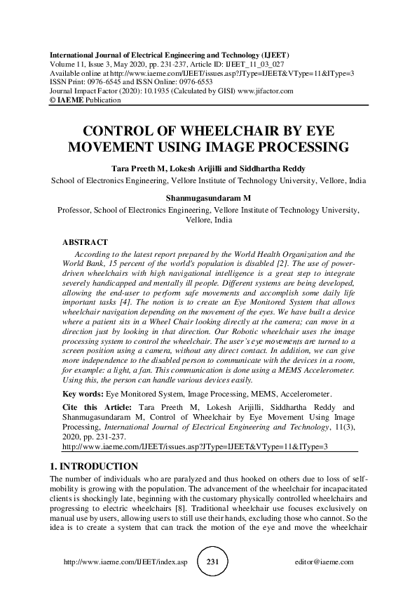 (PDF) Control of Wheelchair by Eye Movement Using Image Processing