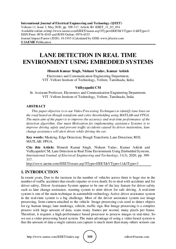 (PDF) Lane Detection in Real Time Environment Using Embedded Systems