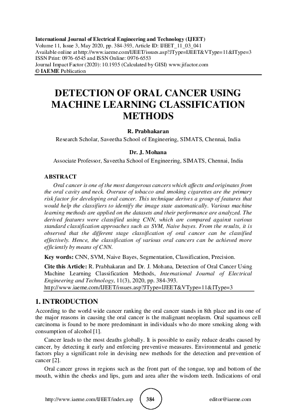 Pdf Detection Of Oral Cancer Using Machine Learning Classification
