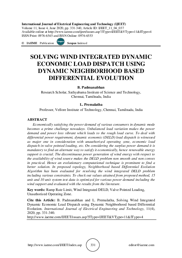 Pdf Solving Wind Integrated Dynamic Economic Load Dispatch Using Dynamic Neighborhood Based