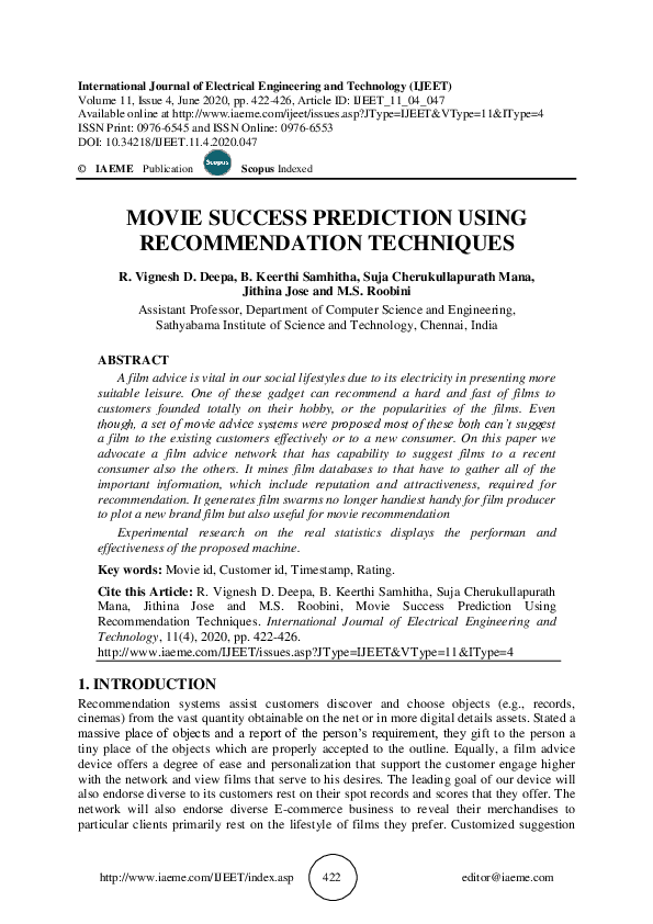 (PDF) Movie Success Prediction Using Recommendation Techniques
