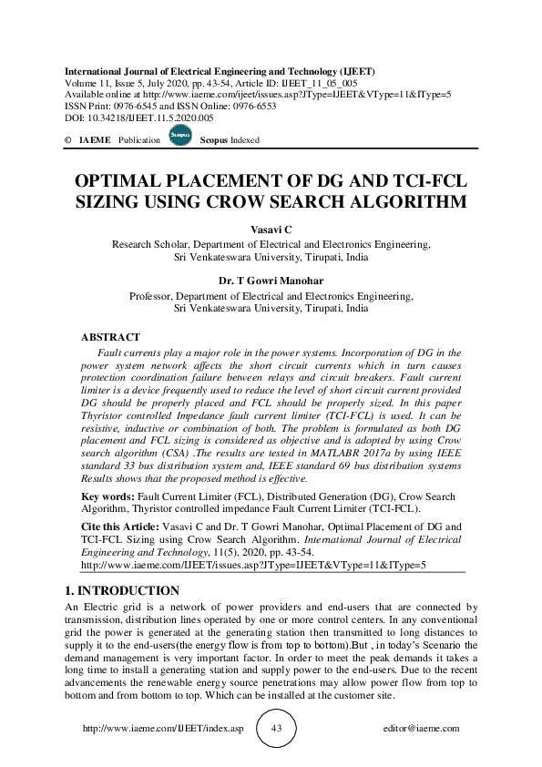 (PDF) Article ID: IJEET_11_05_005 TCI-FCL Sizing using Crow Search Algorithm