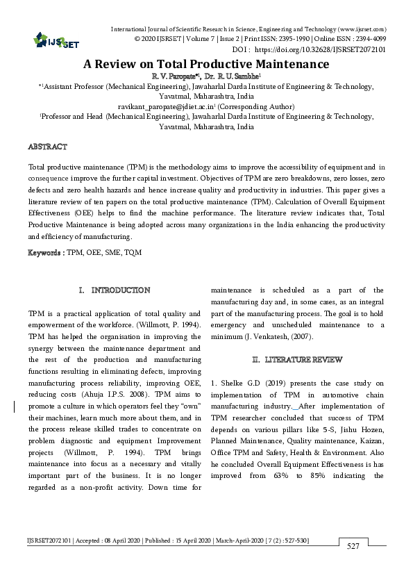 (PDF) A Review on Total Productive Maintenance