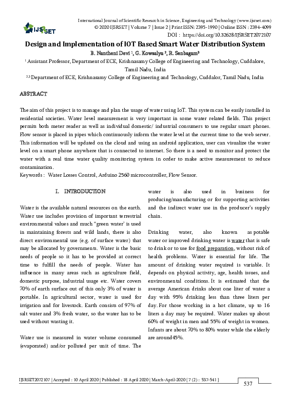 Pdf Design And Implementation Of Iot Based Smart Water Distribution System 