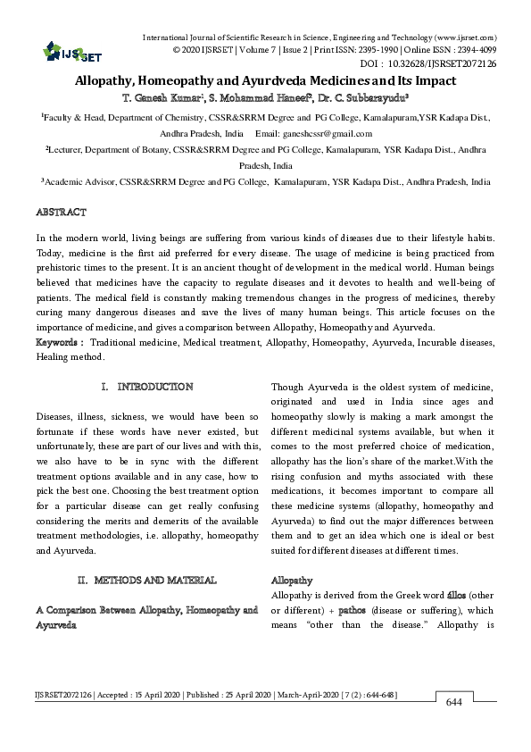 (PDF) Allopathy, Homeopathy and Ayurdveda Medicines and Its Impact ...