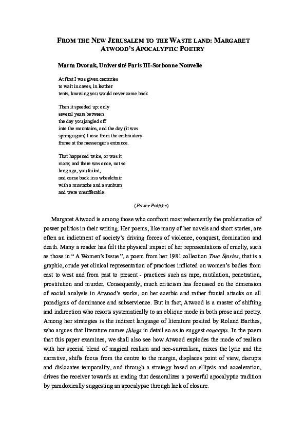 (PDF) FROM THE NEW JERUSALEM TO THE WASTE LAND: MARGARET ATWOOD'S ...
