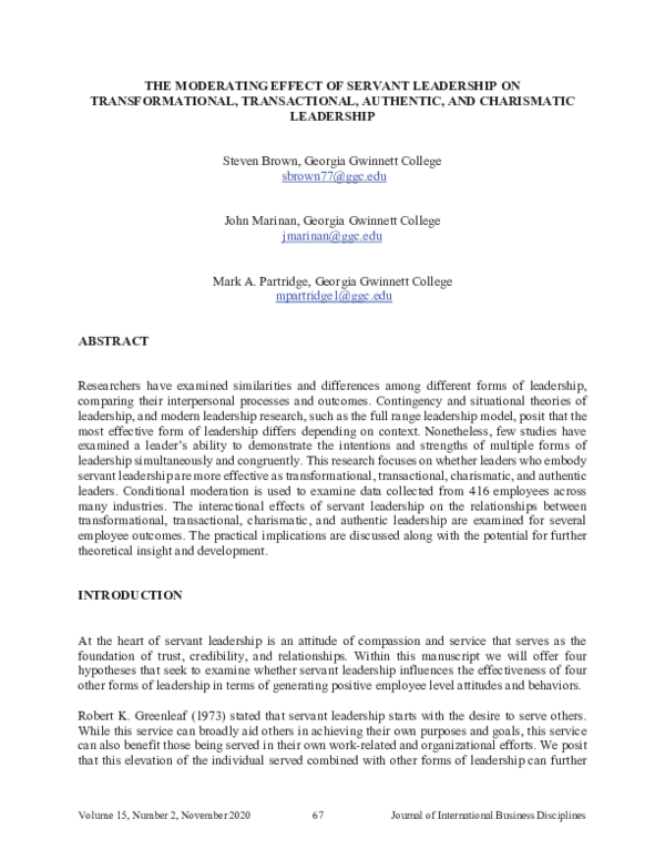 (PDF) THE MODERATING EFFECT OF SERVANT LEADERSHIP ON TRANSFORMATIONAL, TRANSACTIONAL, AUTHENTIC ...
