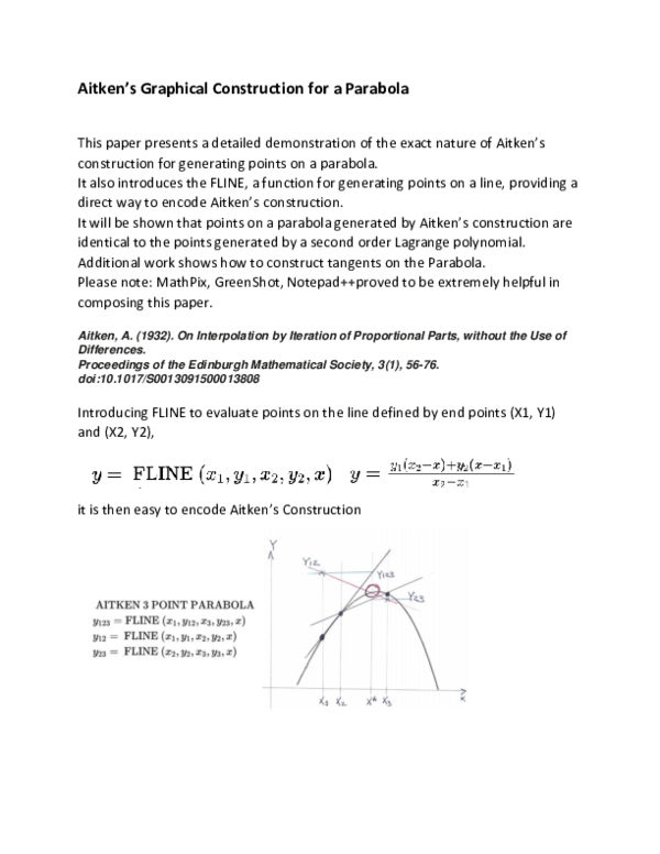 (PDF) Aitken's Graphical Construction for a Parabola