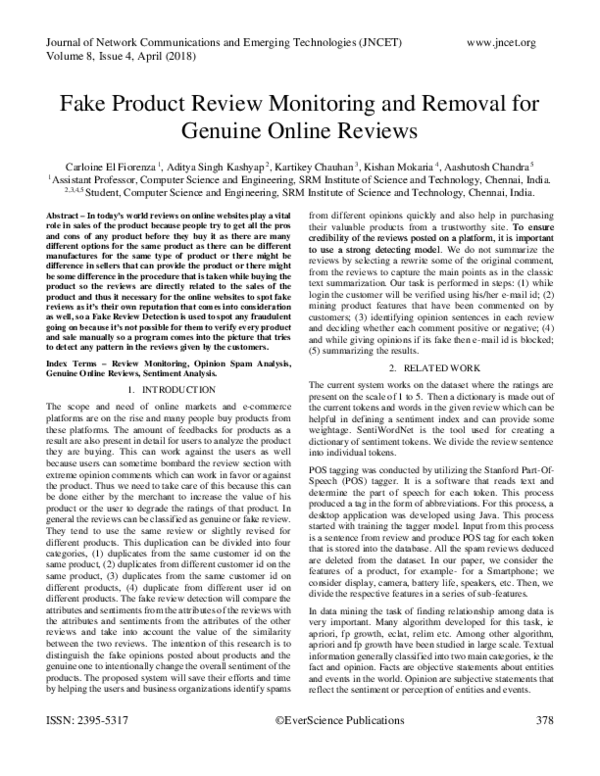 (PDF) Fake Product Review Monitoring and Removal for Genuine Online Reviews
