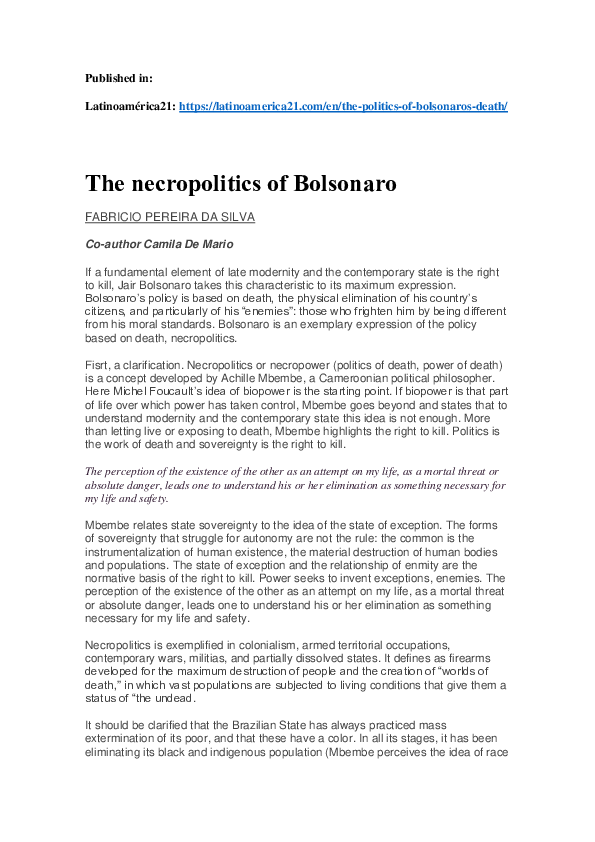 (PDF) The necropolitics of Bolsonaro